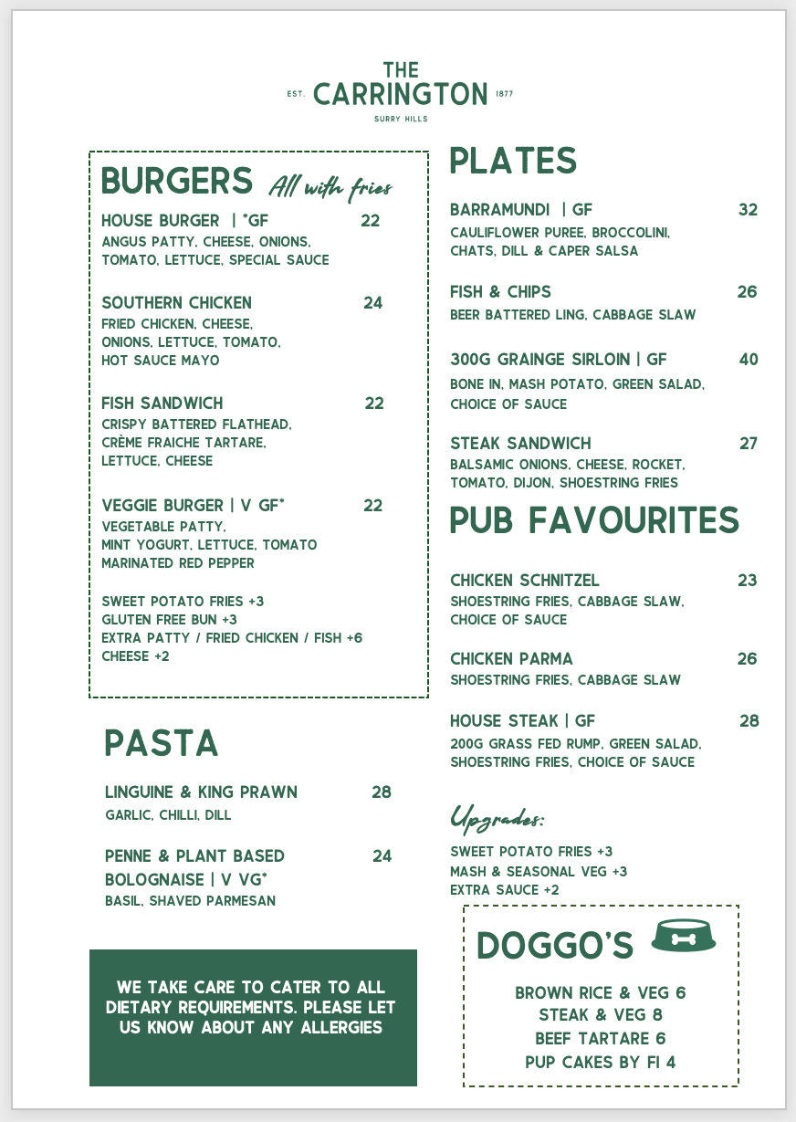 Menu - The Carrington